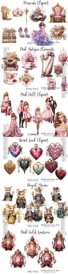 Fairy tale characters and elements, princess carriage, pink doll ...
